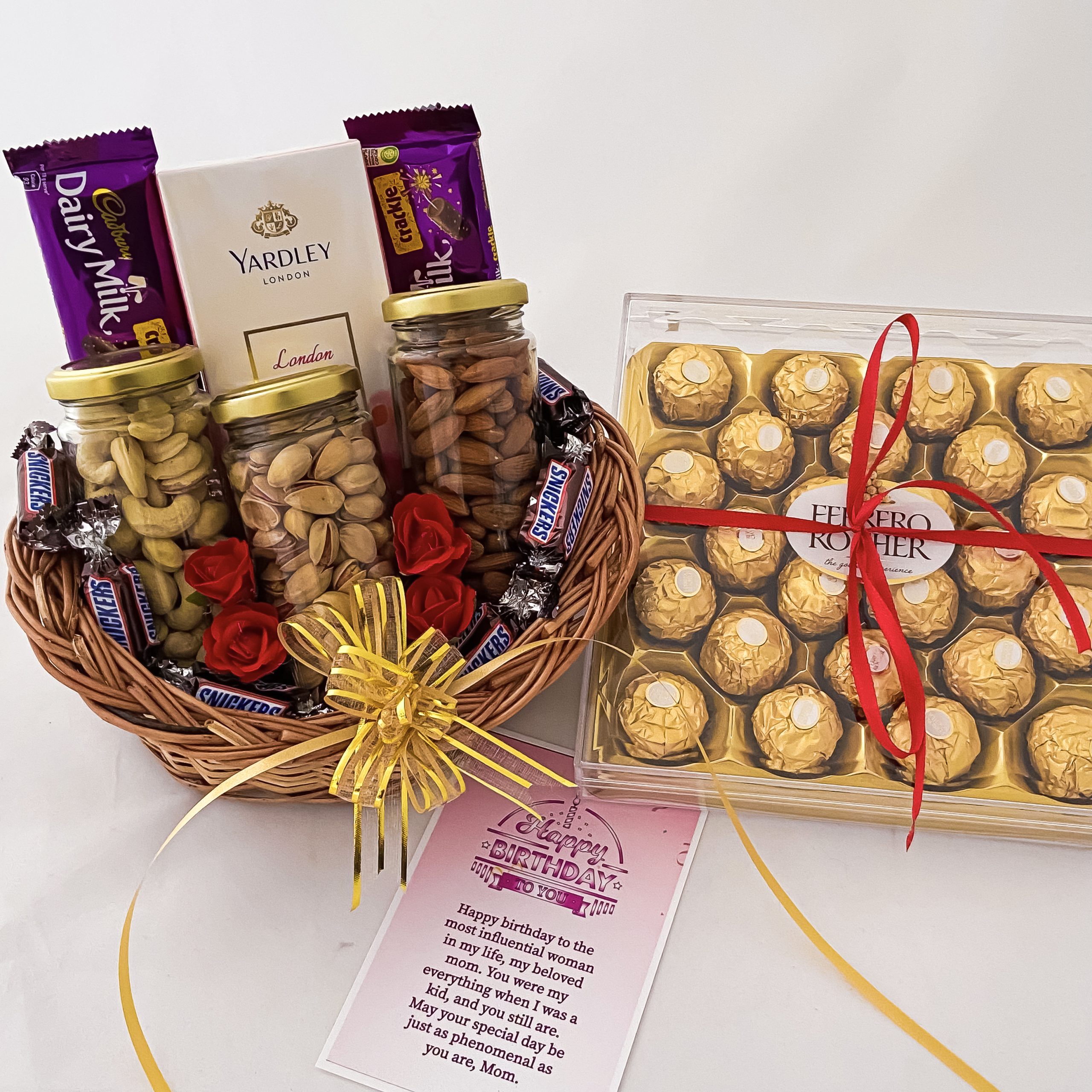Delightful Birthday gift hamper with lovely nuts bottles,snickers ...